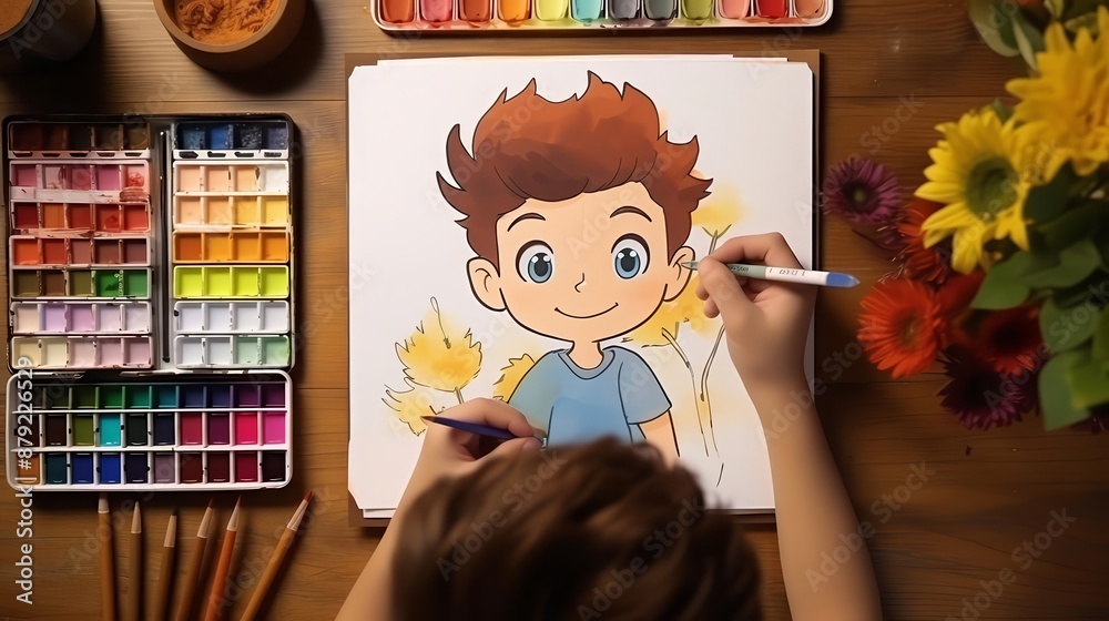 Cartoon kid taking notes flat design top view learning theme water ...