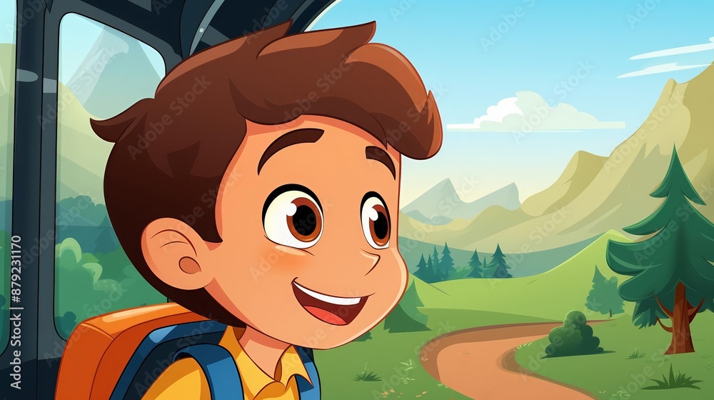 Cartoon child on school bus flat design side view fun theme animation ...