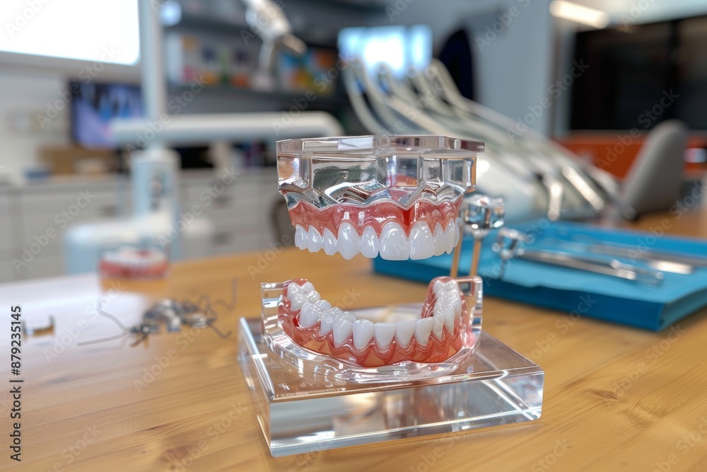 Dental treatment models placed on a table in a dental clinic show teeth ...