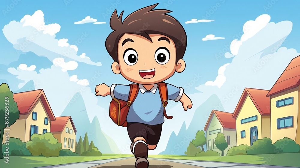Cartoon child going to school flat design top view educational theme ...