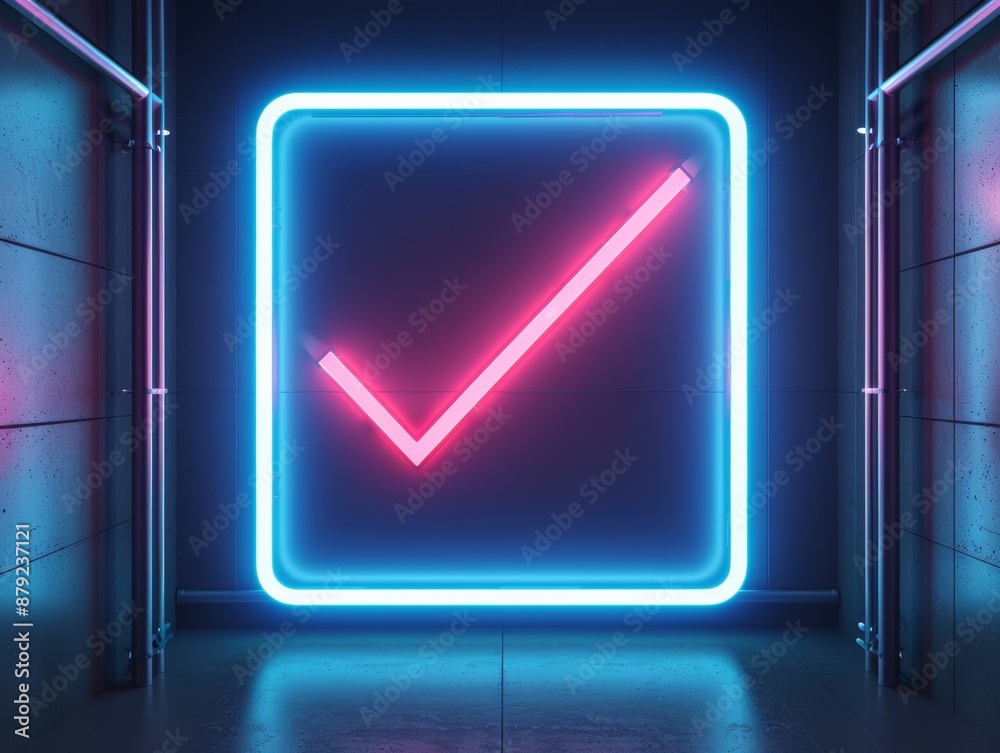 Glowing neon checkmark sign in a dark corridor, symbolizing approval ...