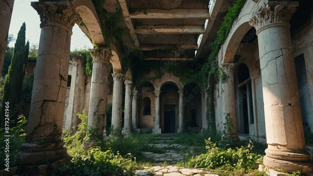 greek architecture palace with overgrown vines and crumbling walls ...