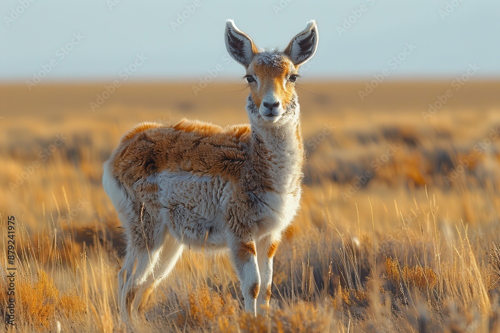 A Saiga antelope standing in the open plains of Kazakhstan, its unique ...