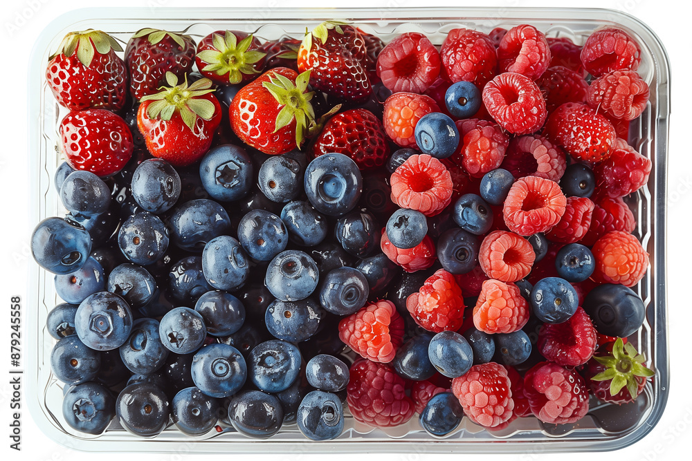 Fresh berries pack isolated on transparent background. Top down view on ...