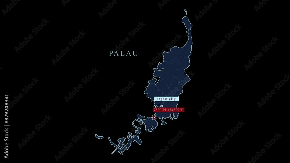 Blue stylized Palau map with Koror largest city and geographic ...