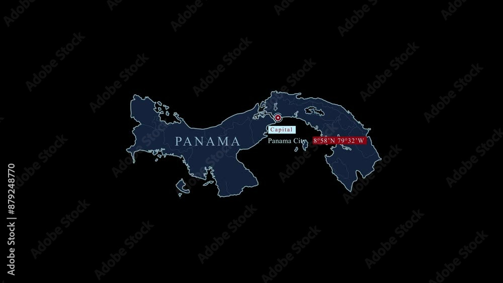 Blue stylized Panama map with capital city and geographic coordinates ...