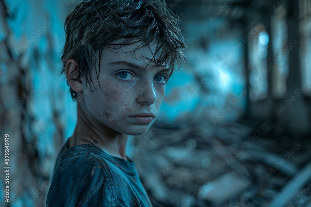 Homeless poor sad child kid in city park ruined town forest lawn all ...