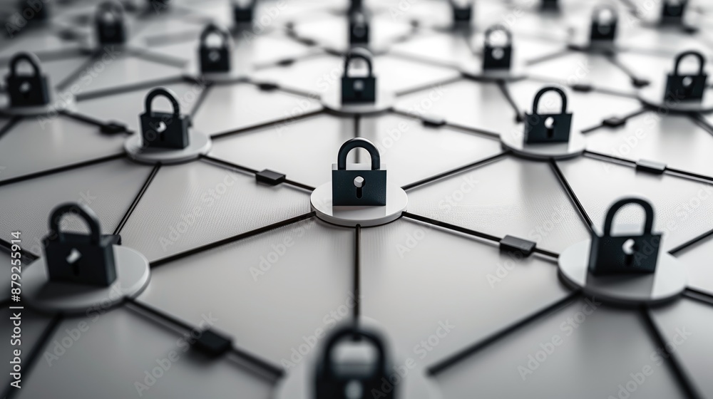 Many locks on a white background. The locks are all different sizes and shapes, a Network of ...