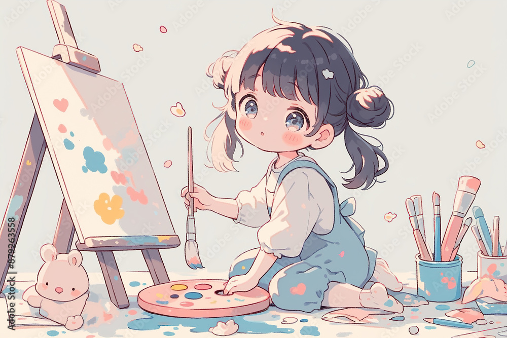 portrait of cute anime chibi cartoon girl artist painting with brush on ...