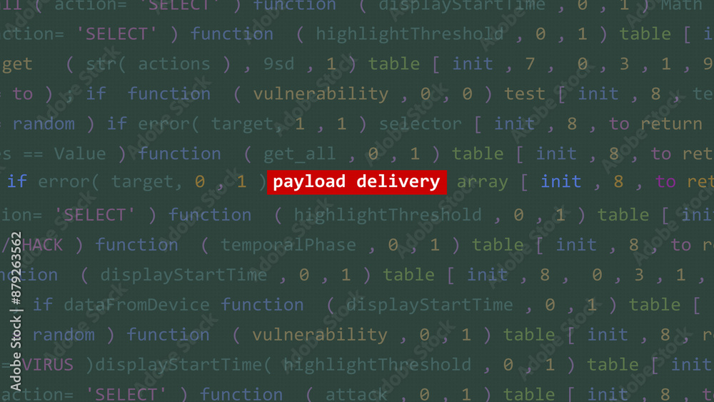 Cyber attack payload delivery text in foreground screen of code editor developer studio point of ...