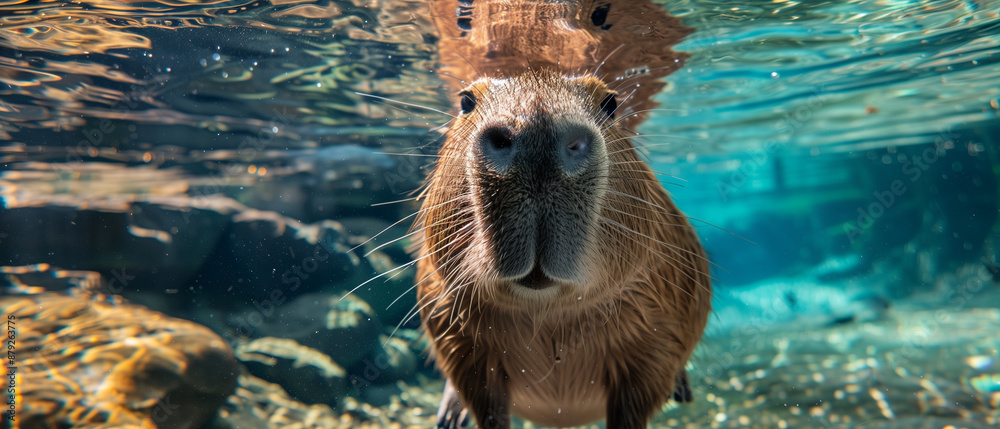 fun capybara swimming underwater in the ocean Stock Photo | Adobe Stock