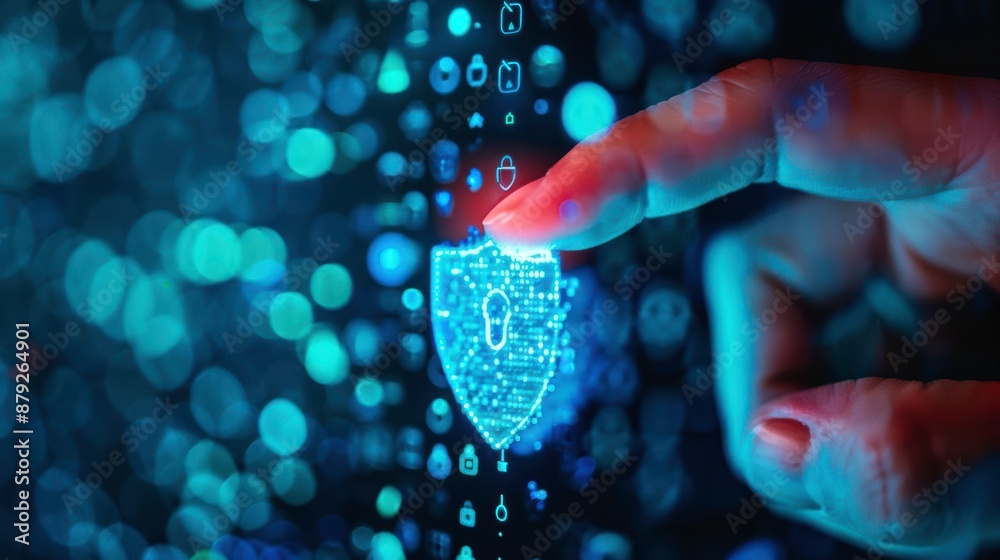 Hand touching digital shield representing cybersecurity and data ...