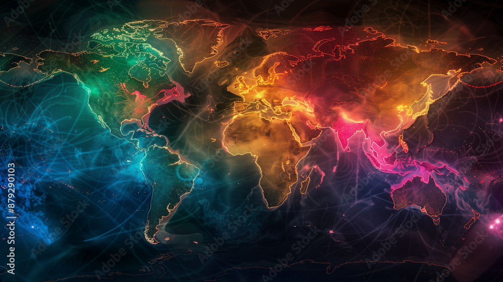 The intensely colorful world map shows all the continents connected by ...
