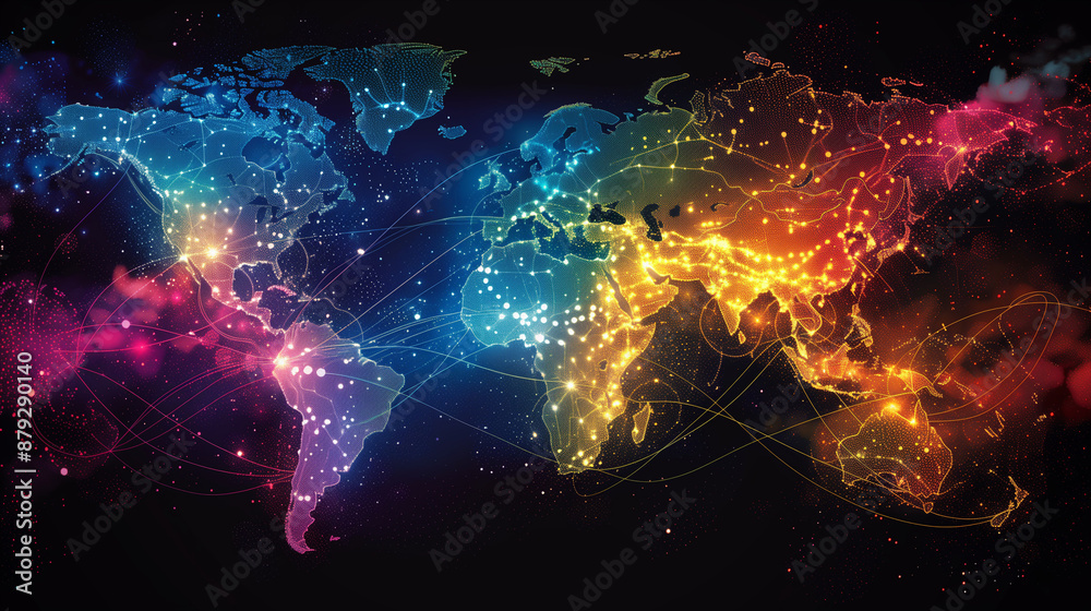 The intensely colorful world map shows all the continents connected by ...