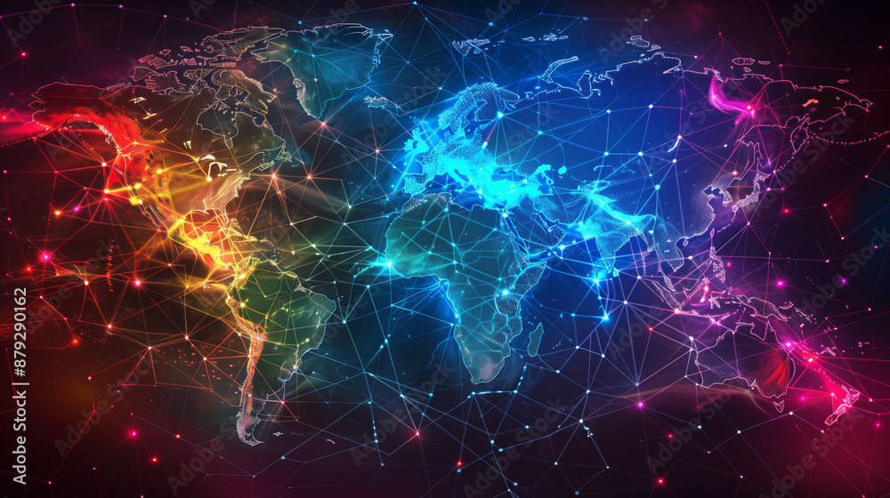 The intensely colorful world map shows all the continents connected by ...