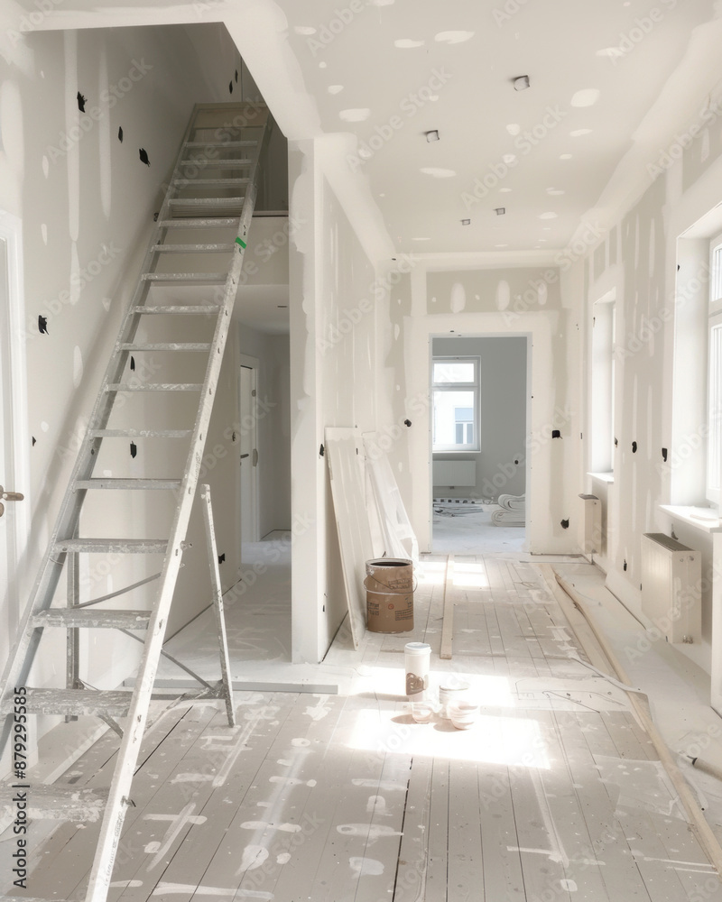 Working process of installing metal frames and plasterboard drywall for ...