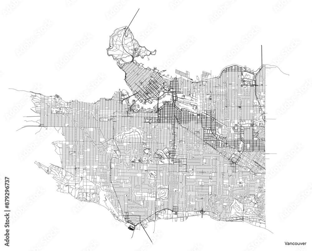 Vancouver city map with roads and streets, Canada. Vector outline ...