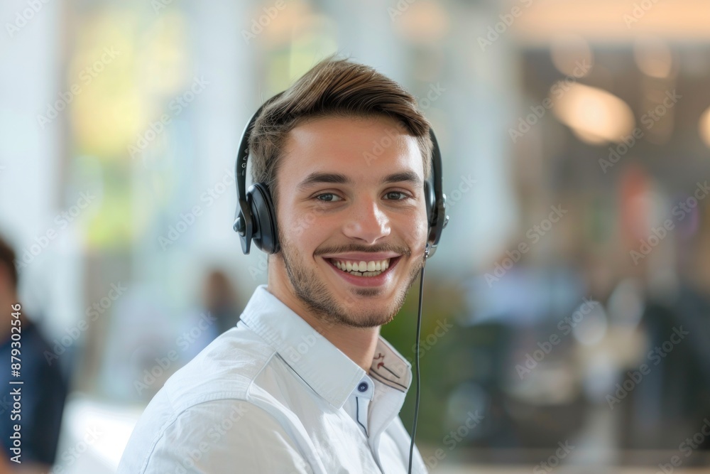 Portrait of a male customer service representative smiling and wearing ...