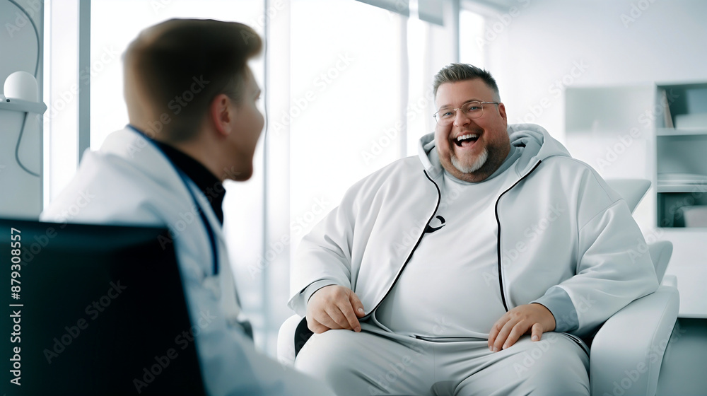 Fat overweight man with doctor in white coat in light room. Diet and ...