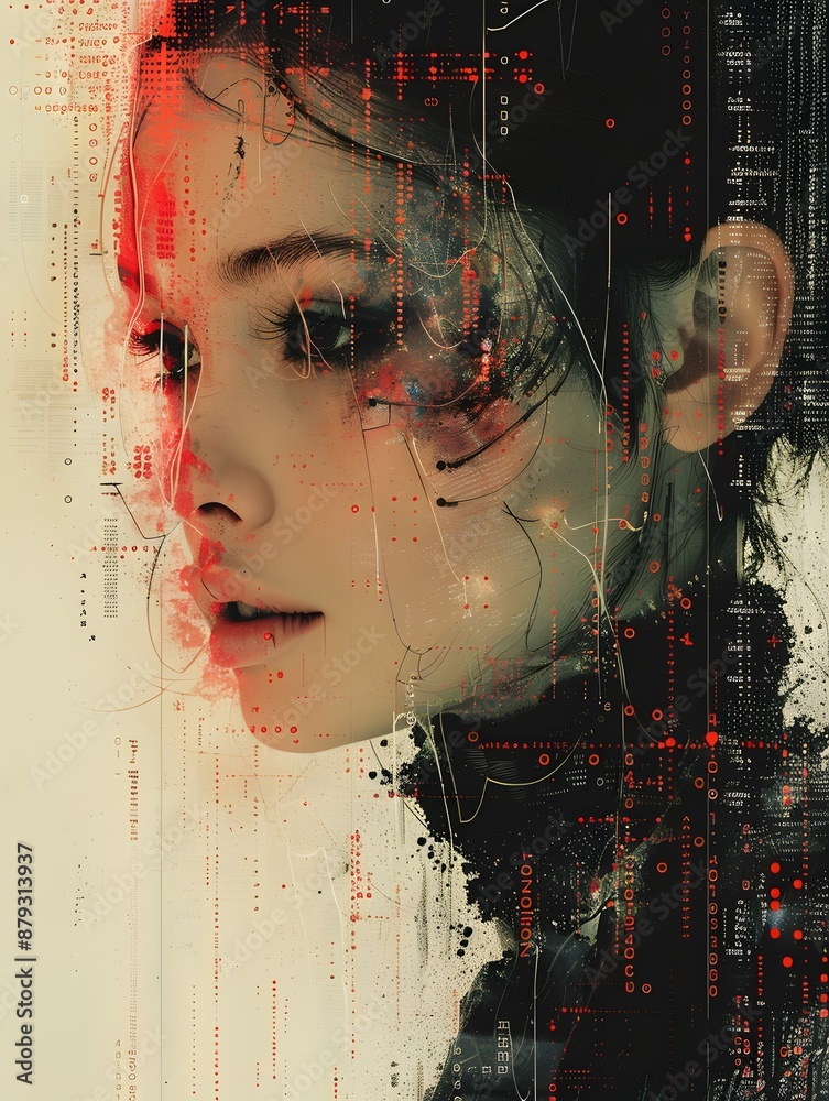 Profile of a young woman with cybernetic enhancements, abstract red and ...