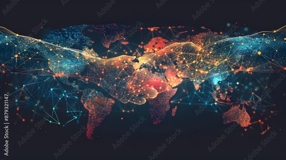 a visual representation of interconnected nodes and data points forming a global network, with ...