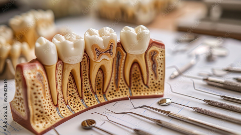 An array of precision dental instruments, such as tweezers and curettes ...