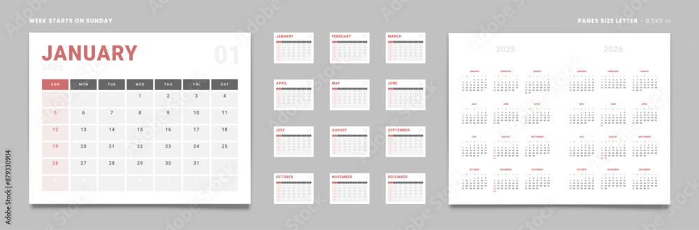 Set of 2025 Pages Monthly Calendar Planner Templates and annual 2025 ...