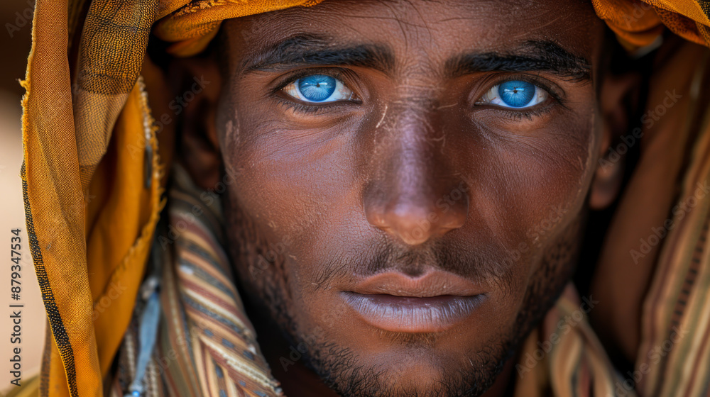 Close-up of the face of an African boy with bright blue eyes and ...