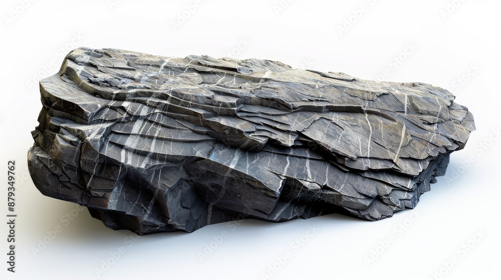 Dark grey rock formation with many layers is laying on a white ...