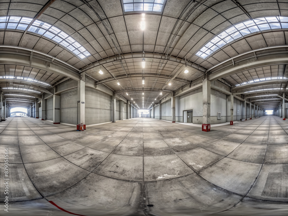 High-resolution 360° panoramic HDRI of a vast, dimly lit, empty ...