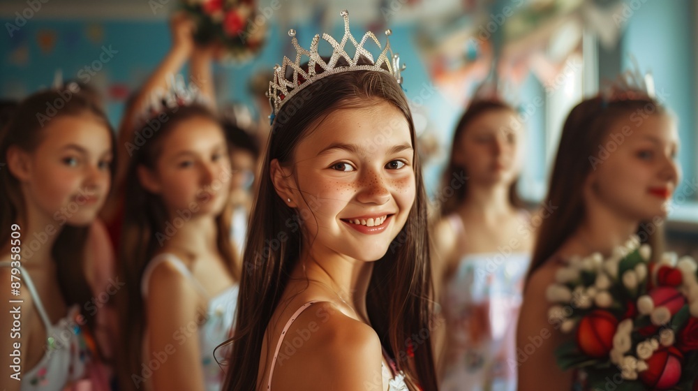 winner of a beauty contest among girls at school with a crown on her ...