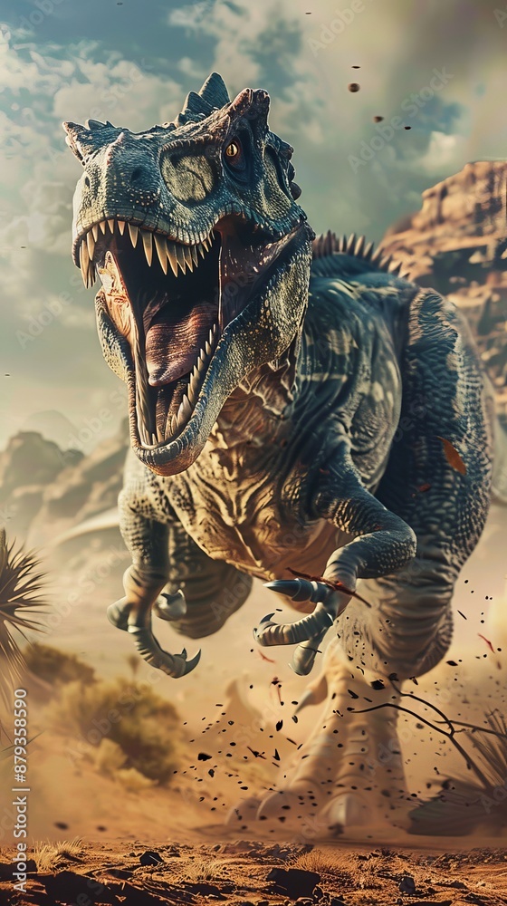 Massive t-rex dinosaur running in a prehistoric desert, roaring with ...