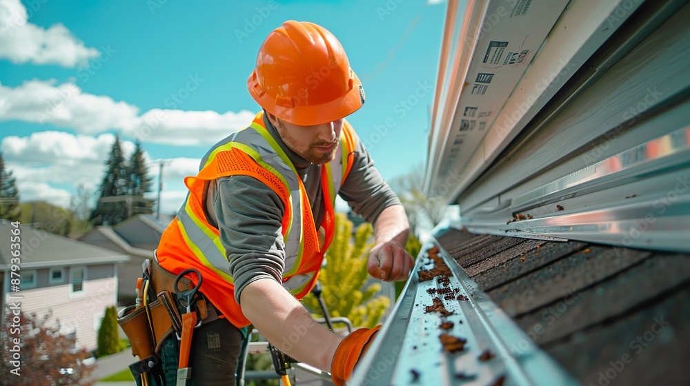 A construction worker wearing an orange hard hat and safety vest ...