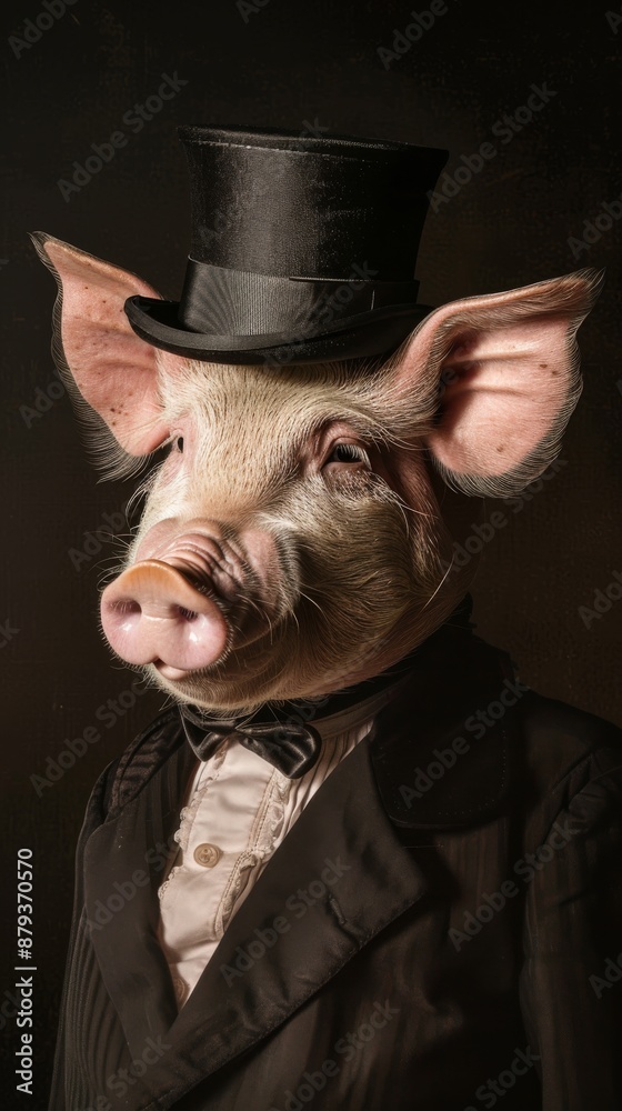 Pig wearing formal attire is posing for a portrait in a dark room. The ...