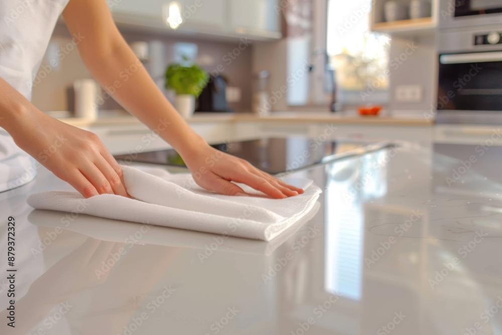Person wiping down a spotless kitchen countertop with a white cloth ...