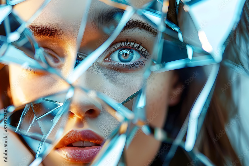 A woman's face is reflected in a broken mirror. The concept of ...
