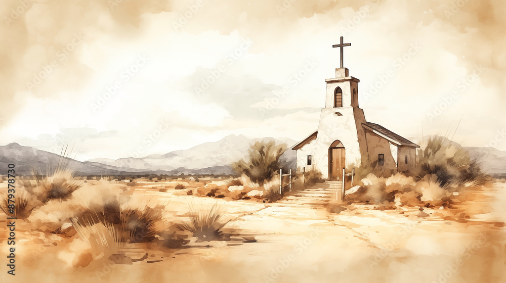 Watercolor painting depicted serene landscape with small chapel nestled ...