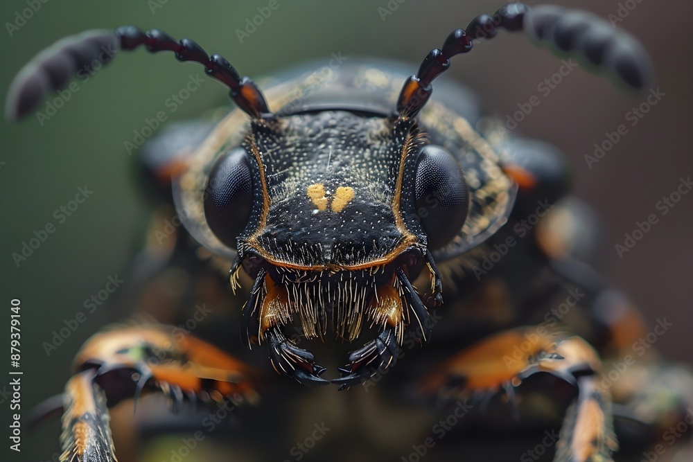 his is a close-up front view of an insect from the beetle family, which ...