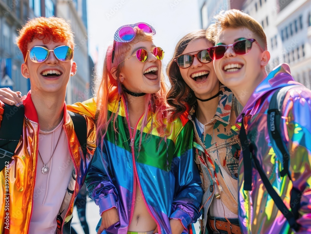 group of young LGBTQ teen mix gender ethnicity lively active together ...