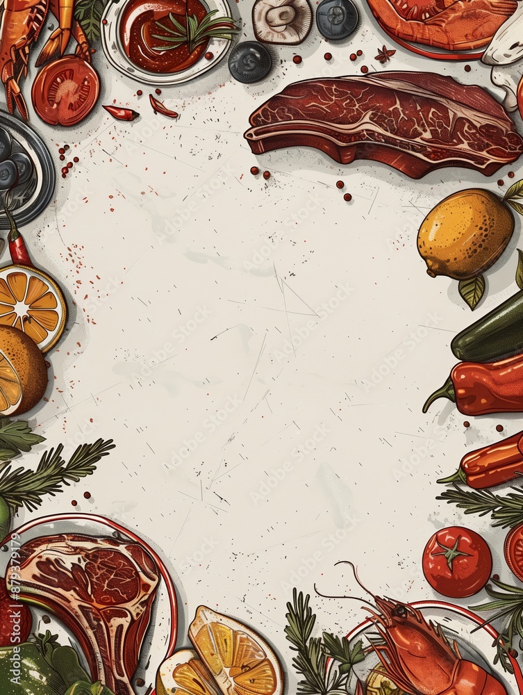 Hand drawn food illustrations, steaks, ribs, grilled vegetables, seafood platters, grey ...