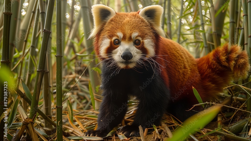 Red Panda in a Bamboo Forest- A red panda perches high in a bamboo ...