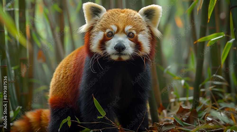 Red Panda in the Bamboo Forest- A red panda perches high in a bamboo ...