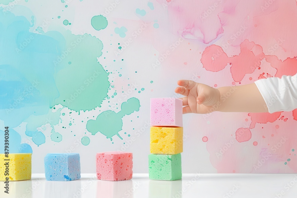 Child stacking colorful foam blocks against a pastel splatter ...