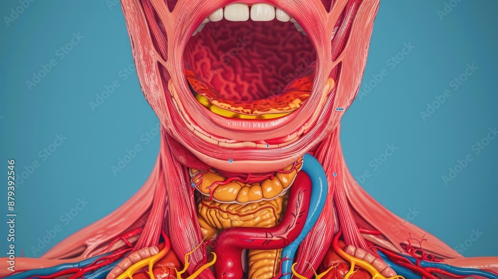 Detailed medical illustration of the esophagus and stomach showing acid ...