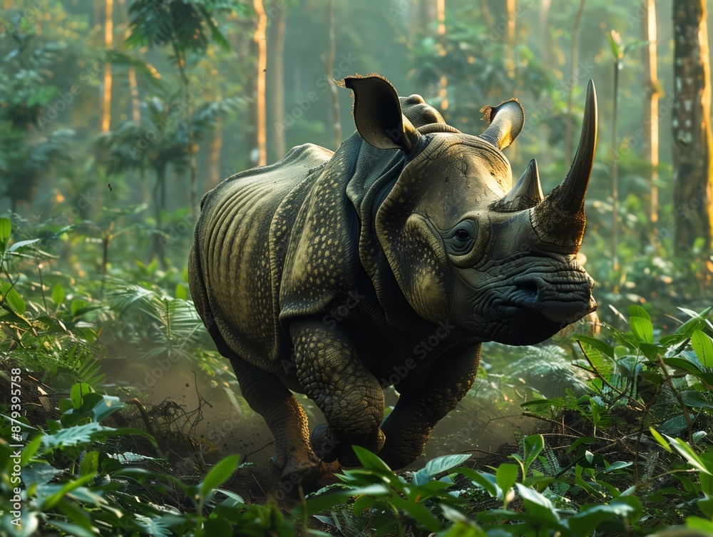 A Sumatran rhinoceros moves slowly through the dense underbrush of a ...