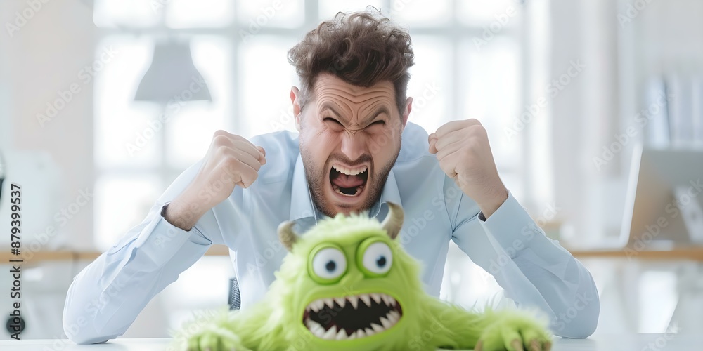 Stressed office worker yells at cute monster accountant eyes wide open ...