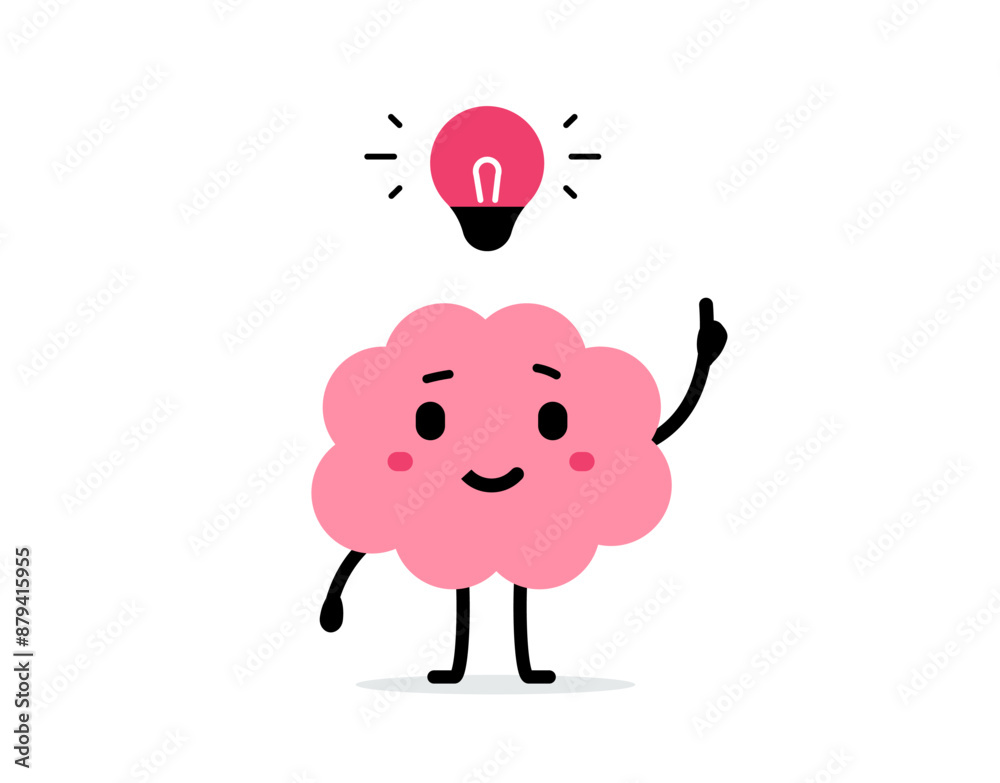 Vector cartoon illustration of cute happy brain character with light ...