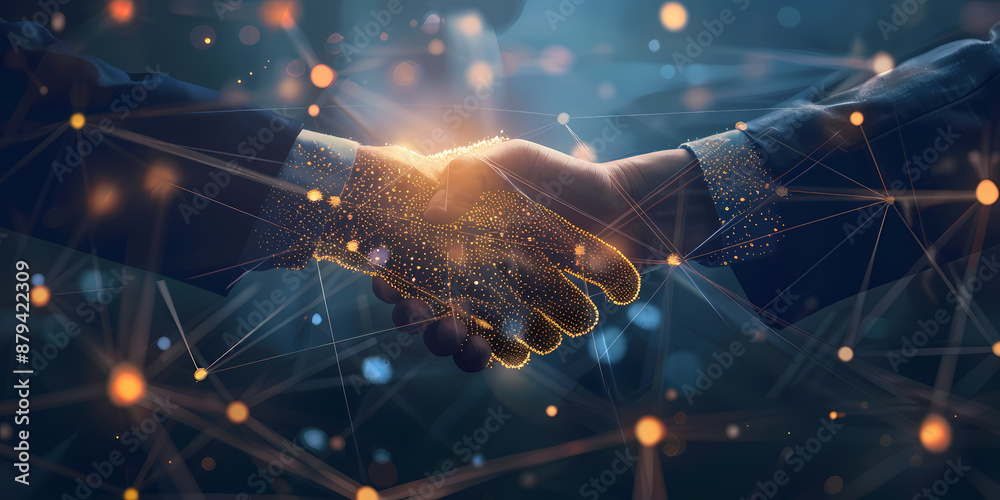 Professional handshakes with digital network coverage represent ...