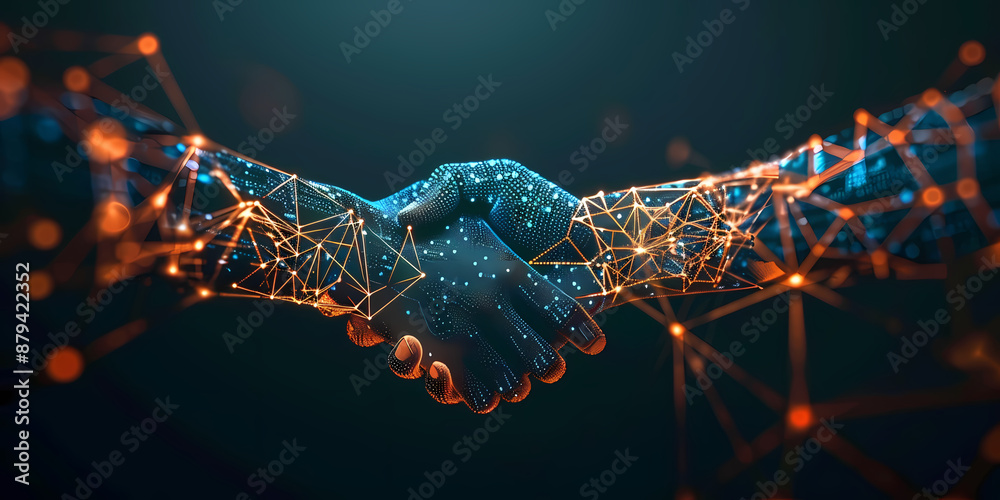 Professional handshakes with digital network coverage represent ...