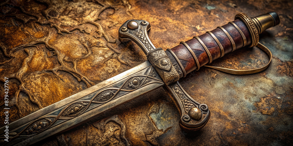 Antiquated sword with intricate engravings lies on a worn leather ...